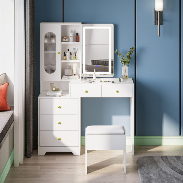 Metro Lane Dressing Table And Stool Set With Sliding Led Lights Mirror, Modern Vanity Table ...